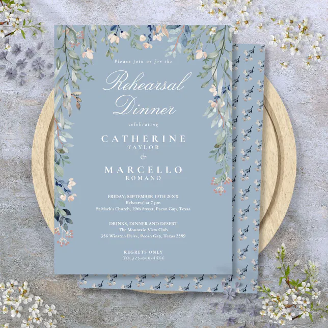 Floral Cascade Dusty Blue Rehearsal Dinner Invitation | Zazzle