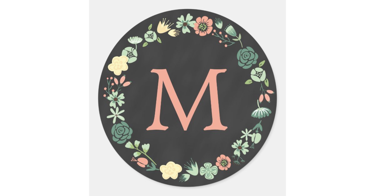 FLORAL CHALKBOARD MONOGRAM CLASSIC ROUND STICKER | Zazzle