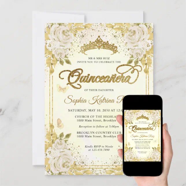 Floral Champagne Gold Glitter Crown Quinceañera Invitation | Zazzle