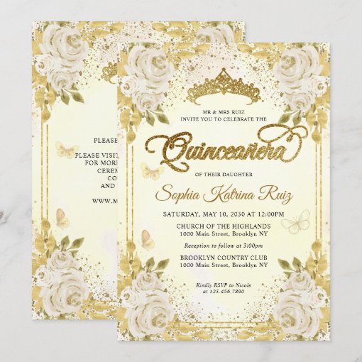 Floral Champagne Gold Glitter Crown Quinceañera Invitation | Zazzle