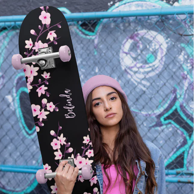 Floral Cherry Blossom Monogram Black Pink Girly Skateboard | Zazzle