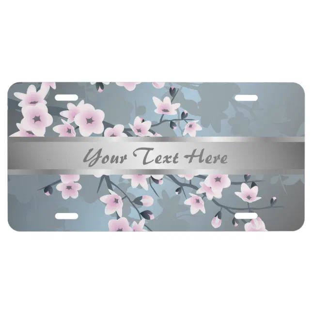 Floral Cherry Blossom Pink Blue Silver Add Text License Plate | Zazzle