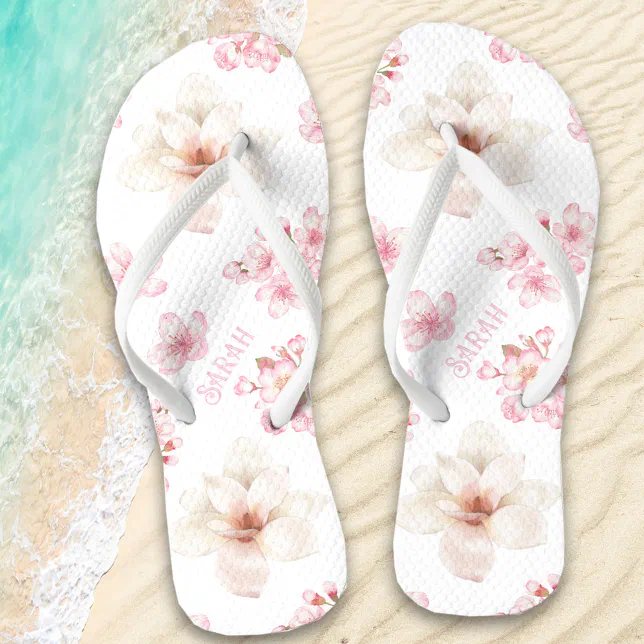 Floral Cherry Blossom Pink Flip Name Flops Flip Flops | Zazzle