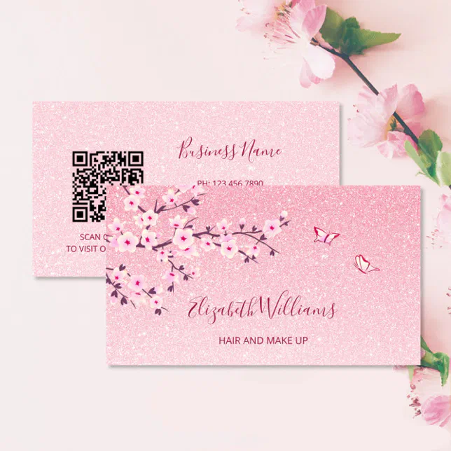 Floral Cherry Blossom Pink Glitter QR Code Business Card | Zazzle