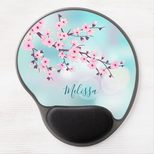 Floral Cherry Blossom Pink Turquoise Personalize Gel Mouse Pad | Zazzle
