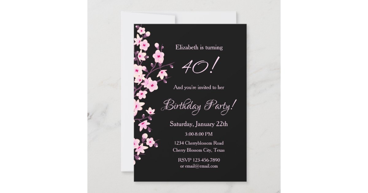 Floral Cherry Blossoms Pink Black Birthday Invitation | Zazzle