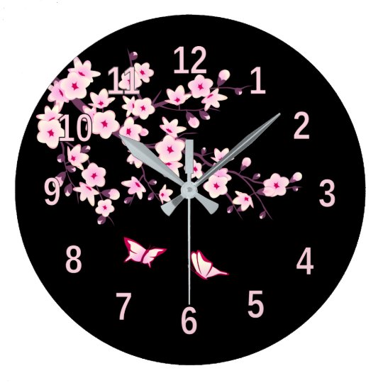 Floral Cherry Blossoms Pink Black Large Clock | Zazzle.com
