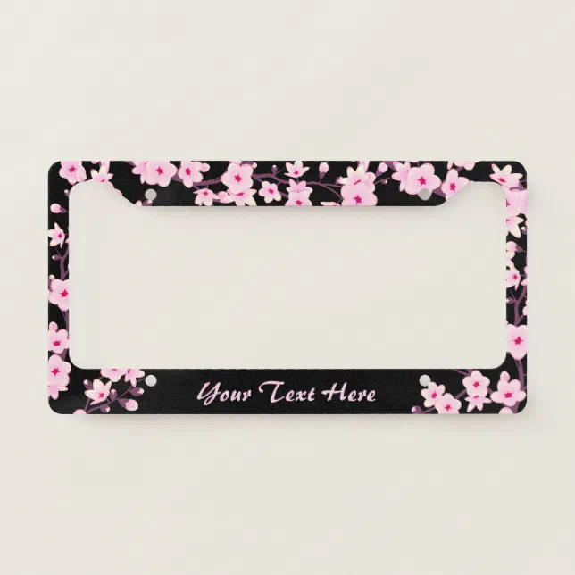 Floral Cherry Blossoms Pink Black License Plate Frame | Zazzle