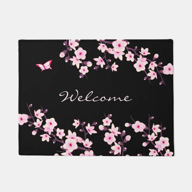 Floral Cherry Blossoms Pink Black Welcome Doormat | Zazzle