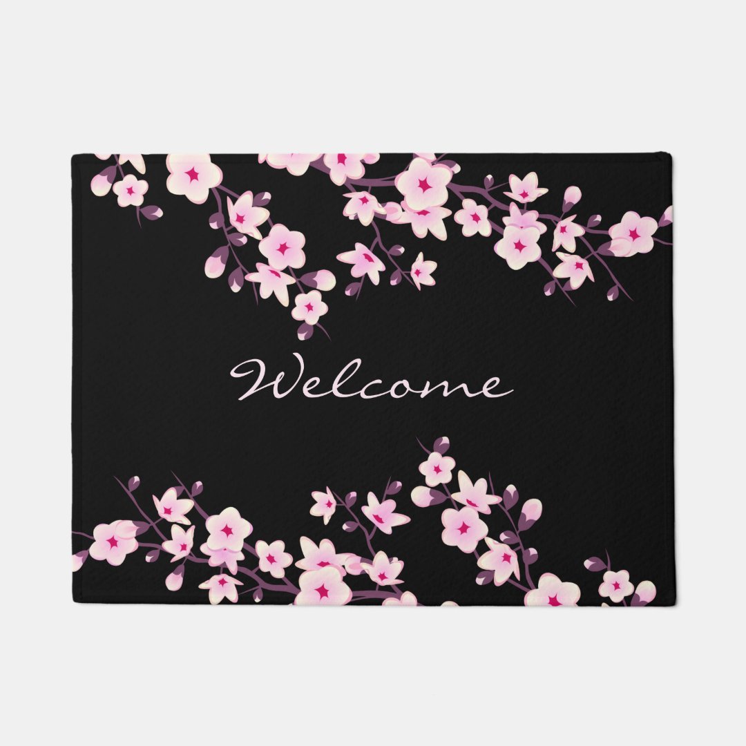 Floral Cherry Blossoms Pink Black Welcome Doormat | Zazzle