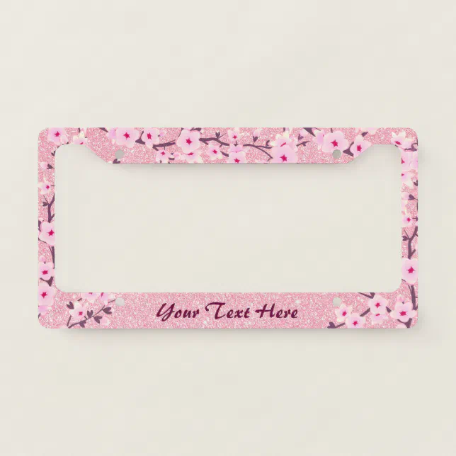 Floral Cherry Blossoms Pink Glitter License Plate Frame | Zazzle