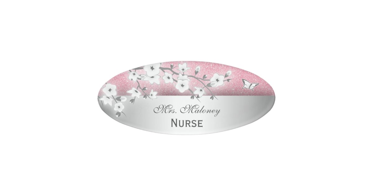 Floral Cherry Blossoms Pink Glitter Silver Name Tag | Zazzle