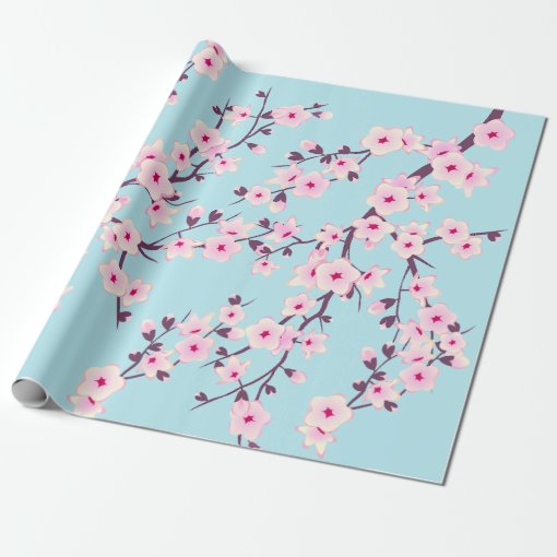 Floral Cherry Blossoms Pink Sky Blue Wrapping Paper | Zazzle