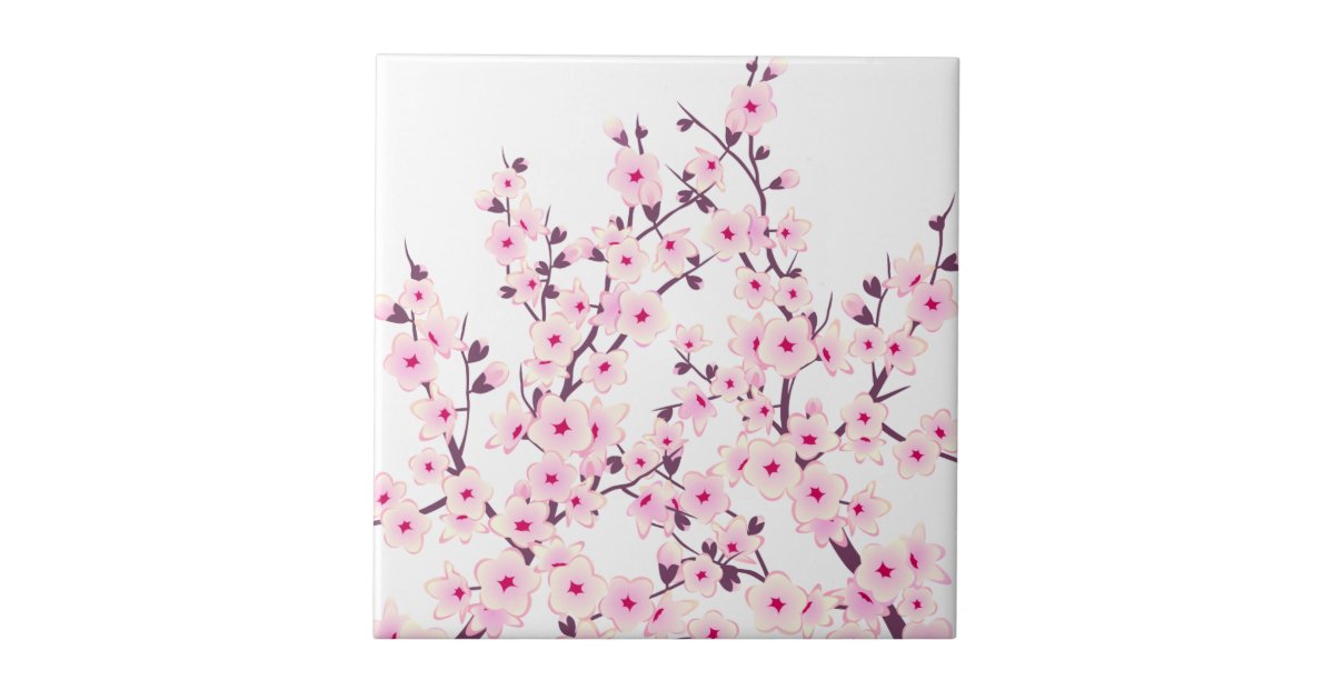 Floral Cherry Blossoms (Sakura) Pink White Ceramic Tile | Zazzle