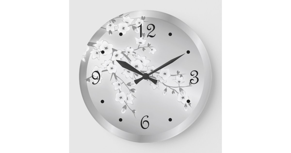 Floral Cherry Blossoms Silver Numbers Large Clock | Zazzle