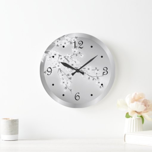 Floral Cherry Blossoms Silver Numbers Large Clock | Zazzle