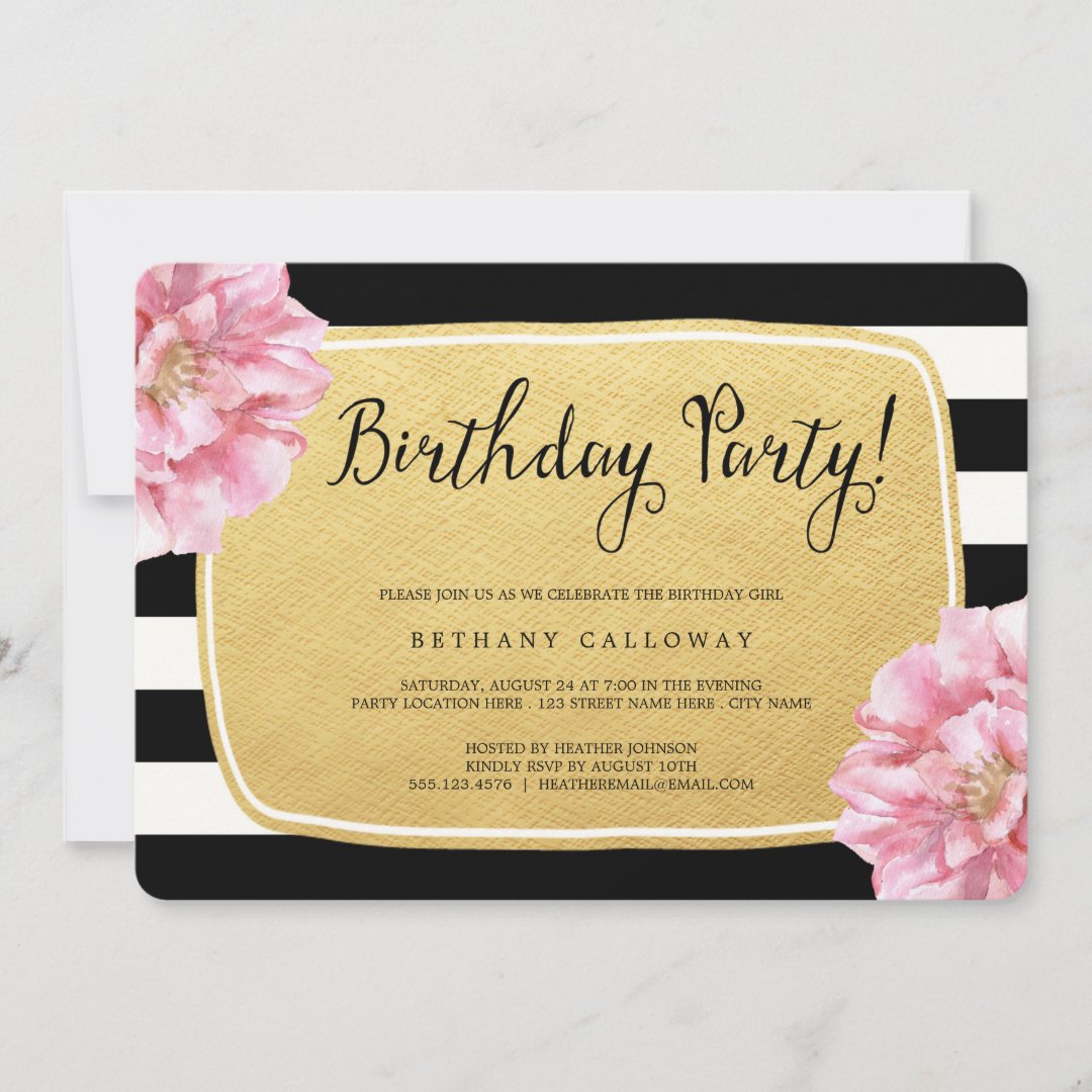 Floral Chic Birthday Invite / Faux Gold Foil | Zazzle