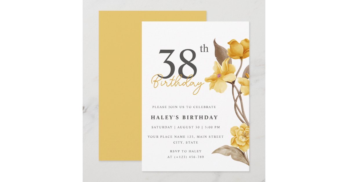 Floral Chic Elegant Simple Yellow 38th Birthday Invitation | Zazzle