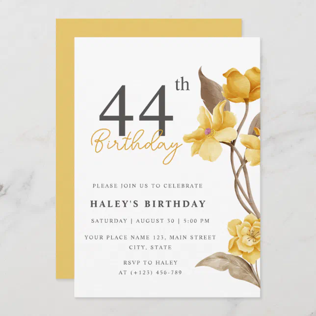 Floral Chic Elegant Simple Yellow 44th Birthday Invitation | Zazzle