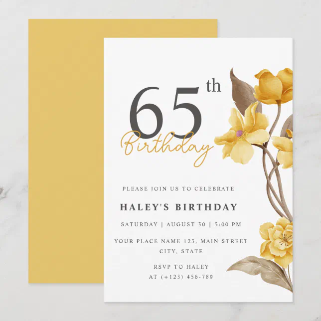 Floral Chic Elegant Simple Yellow 65th Birthday Invitation | Zazzle