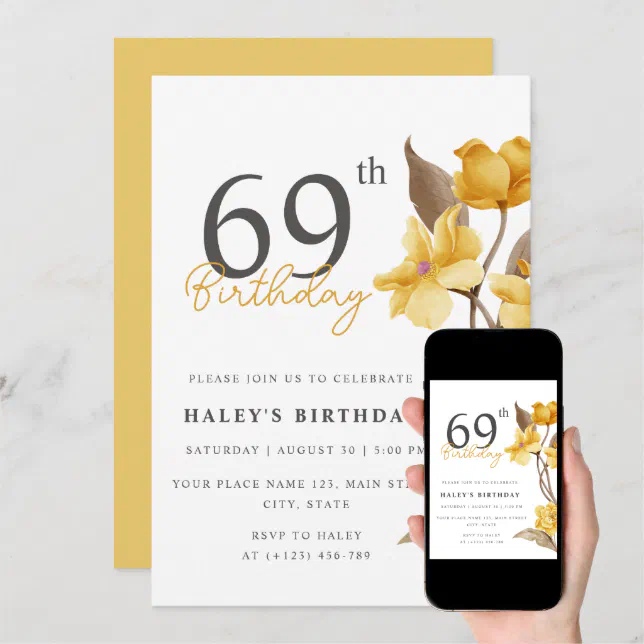 Floral Chic Elegant Simple Yellow 69th Birthday Invitation | Zazzle