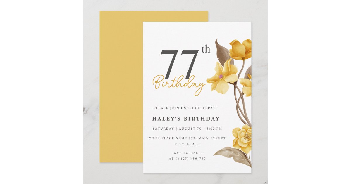 Floral Chic Elegant Simple Yellow 77th Birthday Invitation | Zazzle