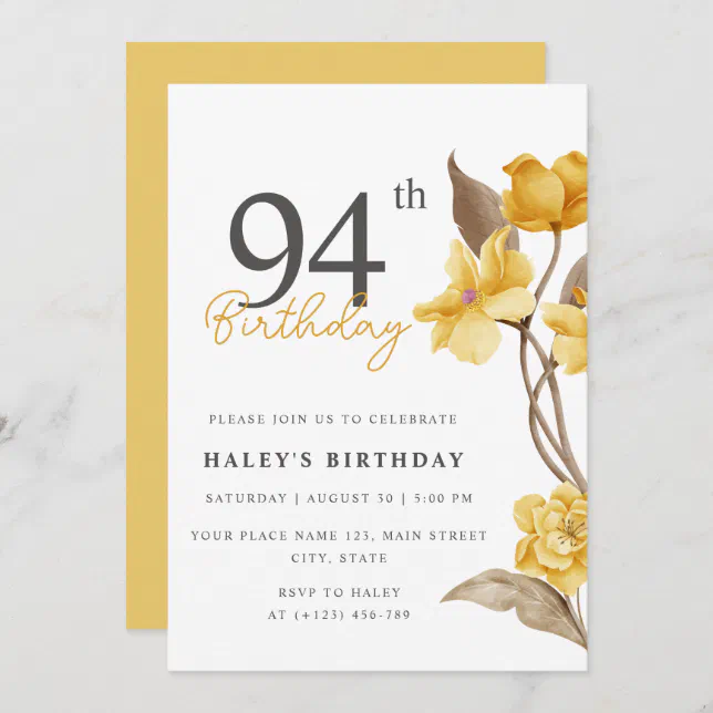Floral Chic Elegant Simple Yellow 94th Birthday Invitation | Zazzle