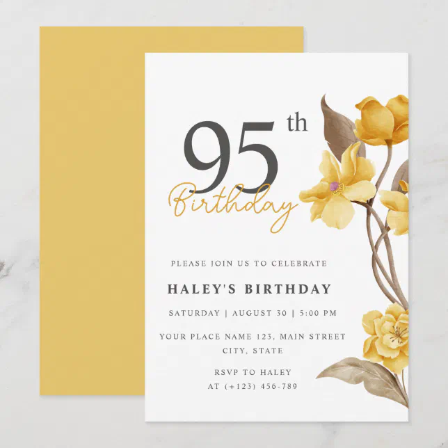 Floral Chic Elegant Simple Yellow 95th Birthday Invitation | Zazzle
