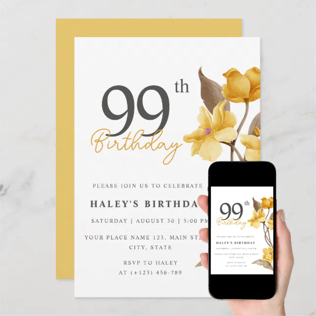 Floral Chic Elegant Simple Yellow 99th Birthday Invitation | Zazzle