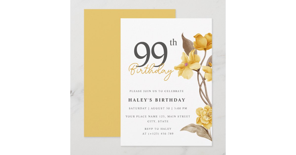 Floral Chic Elegant Simple Yellow 99th Birthday Invitation | Zazzle