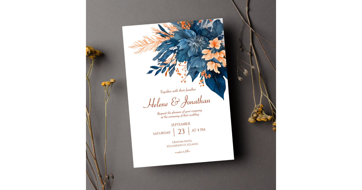 Floral Chic Indigo Rust Wedding Invitation | Zazzle