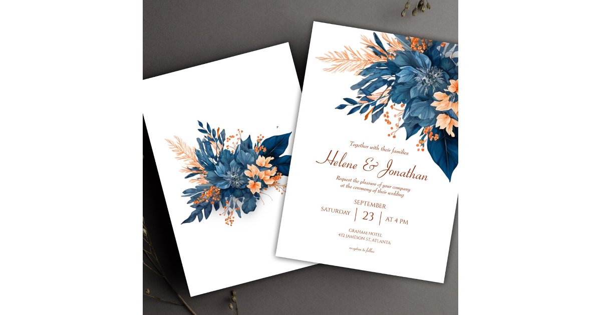 Floral Chic Indigo Rust Wedding Invitation | Zazzle