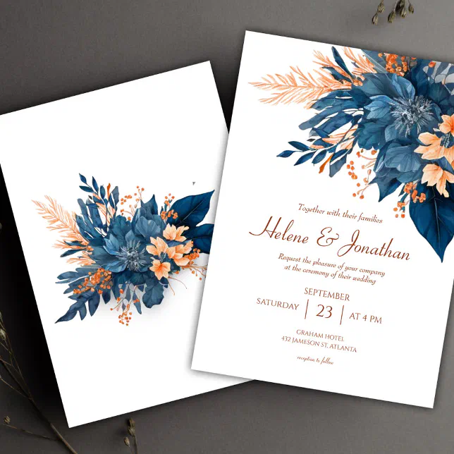 Floral Chic Indigo Rust Wedding Invitation | Zazzle