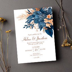 Floral Chic Indigo Rust Wedding Invitation | Zazzle