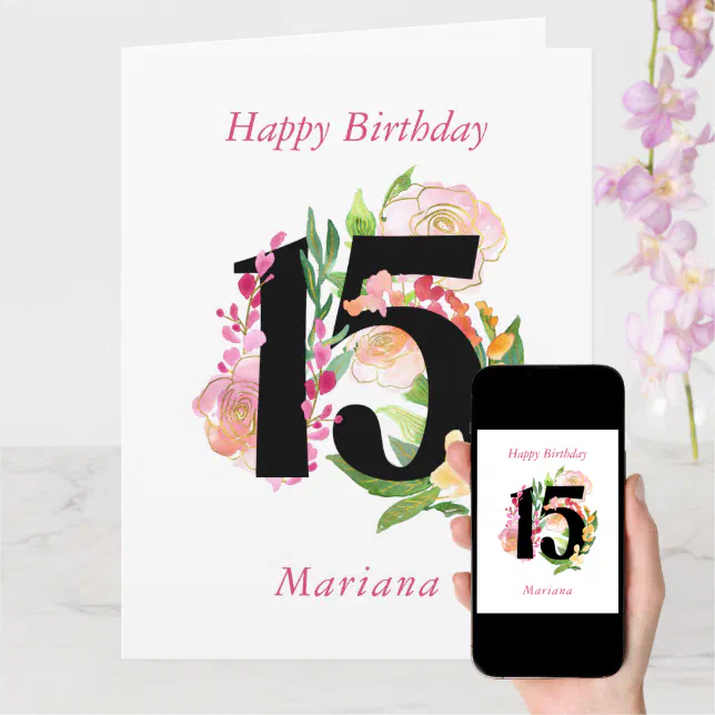 Floral Chic Number 15 Personalized 15th Birthday Card | Zazzle