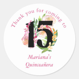Floral Chic Number 15 Pink and Gold Quinceanera Classic Round Sticker ...