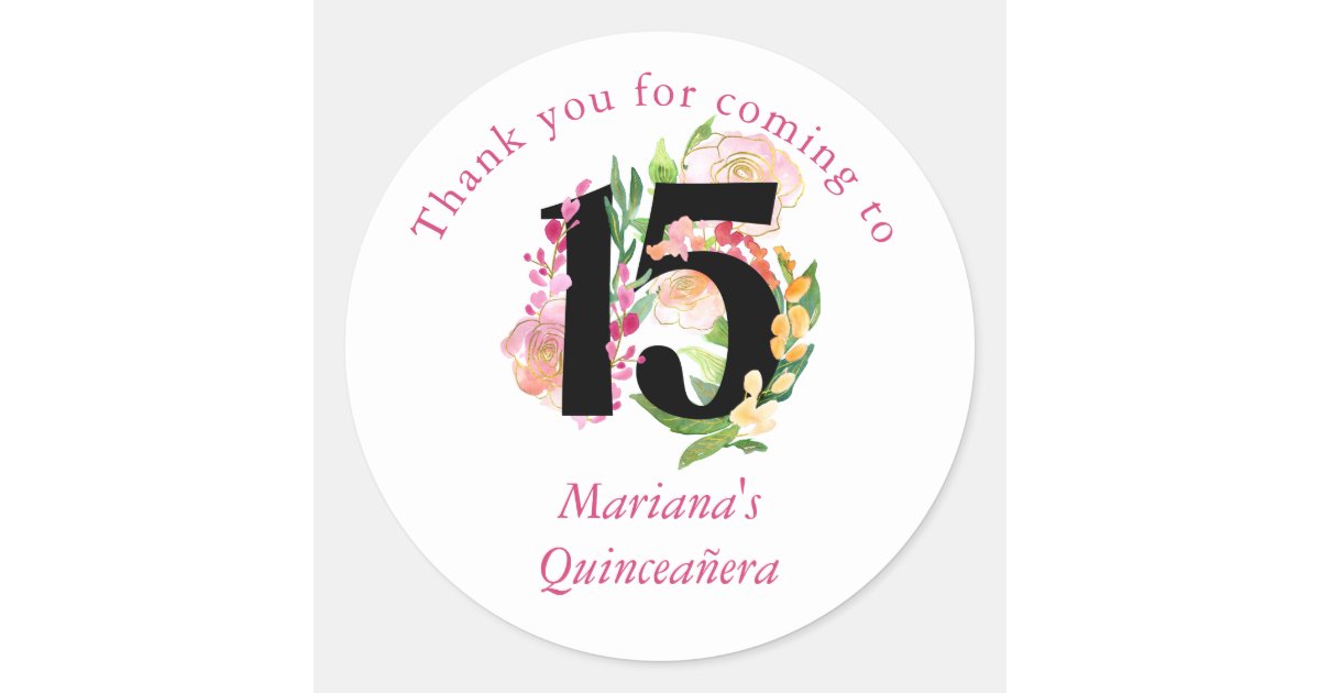 Floral Chic Number 15 Pink and Gold Quinceanera Classic Round Sticker ...