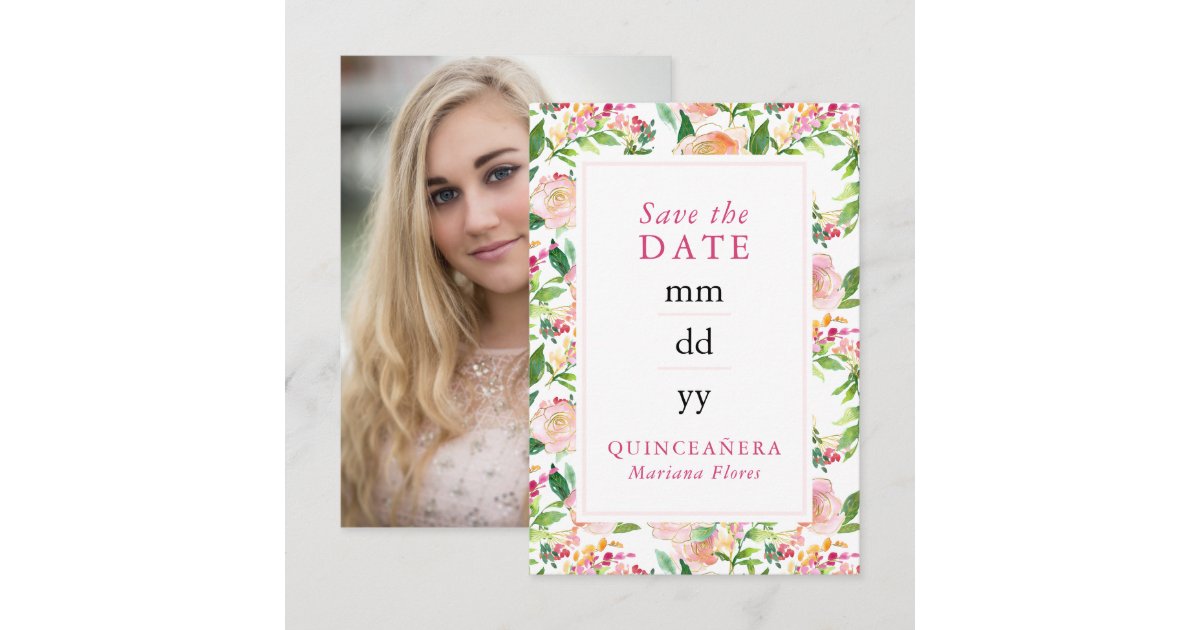 Floral Chic Pink Gold Editable Quinceanera Photo Save The Date | Zazzle