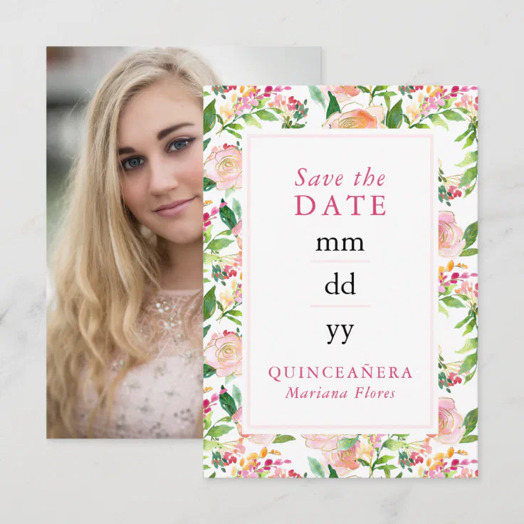 Floral Chic Pink Gold Editable Quinceanera Photo Save The Date | Zazzle
