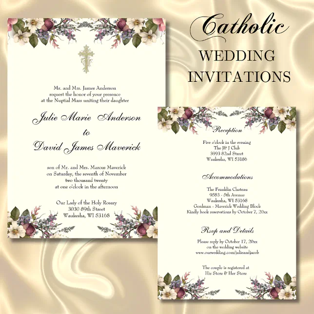 Floral Christian Cross Wedding Rings Catholic Invitation | Zazzle