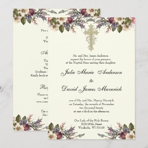 Floral Christian Cross Wedding Rings Catholic Invitation | Zazzle