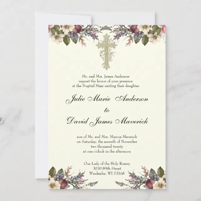 Floral Christian Cross Wedding Rings Catholic Invitation | Zazzle