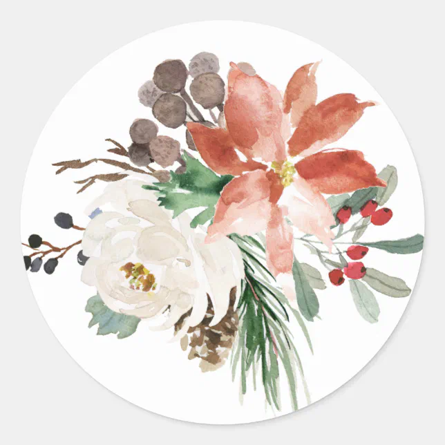 Floral Christmas Round Sticker | Zazzle