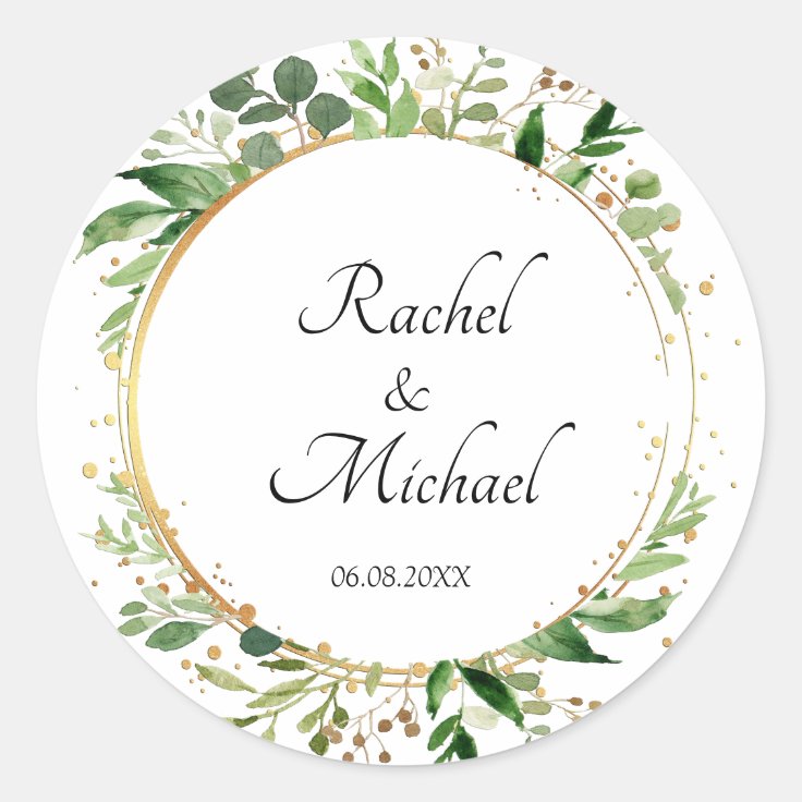 Floral Circle Green Gold Classic Round Sticker | Zazzle
