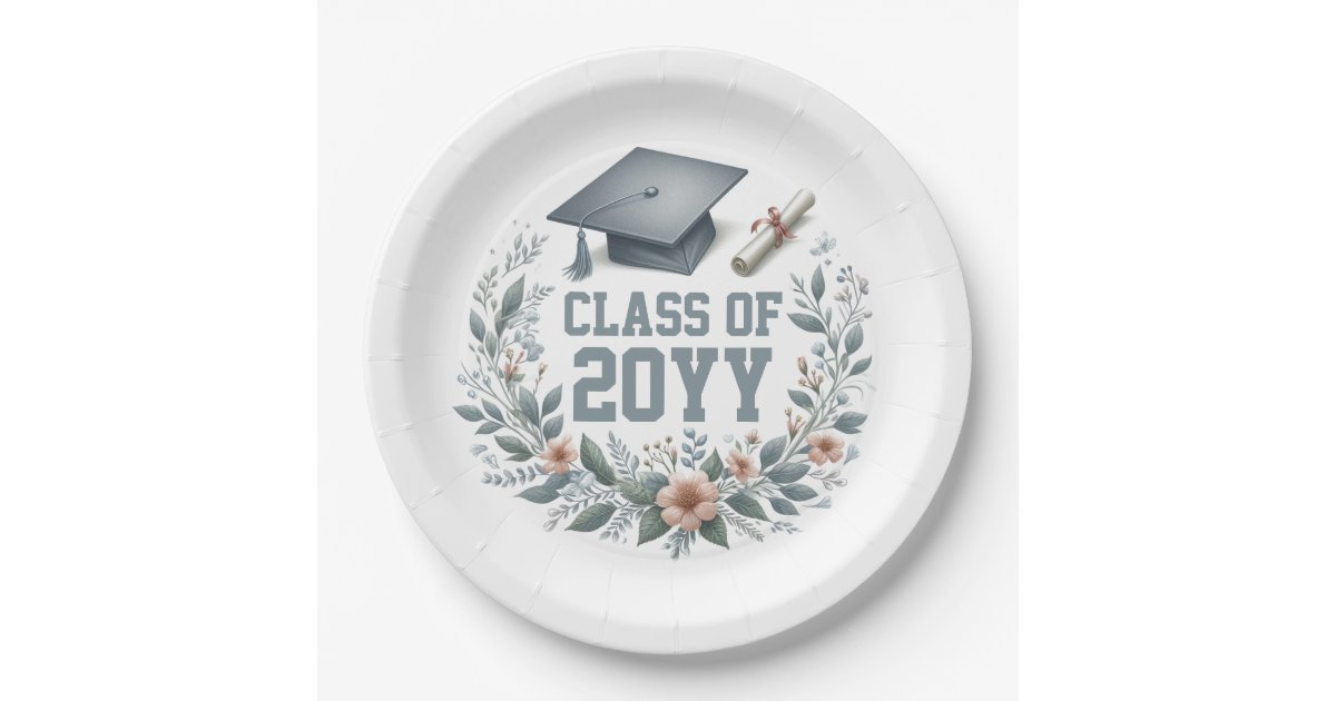 Floral Class of with Graduation Cap and Diploma Paper Plates | Zazzle