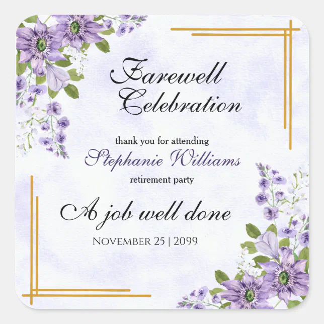 Floral Classic Elegant Women's Farewell Party Square Sticker | Zazzle