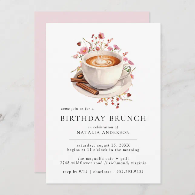 Floral Coffee | Cute Girly Pink Birthday Brunch Invitation | Zazzle