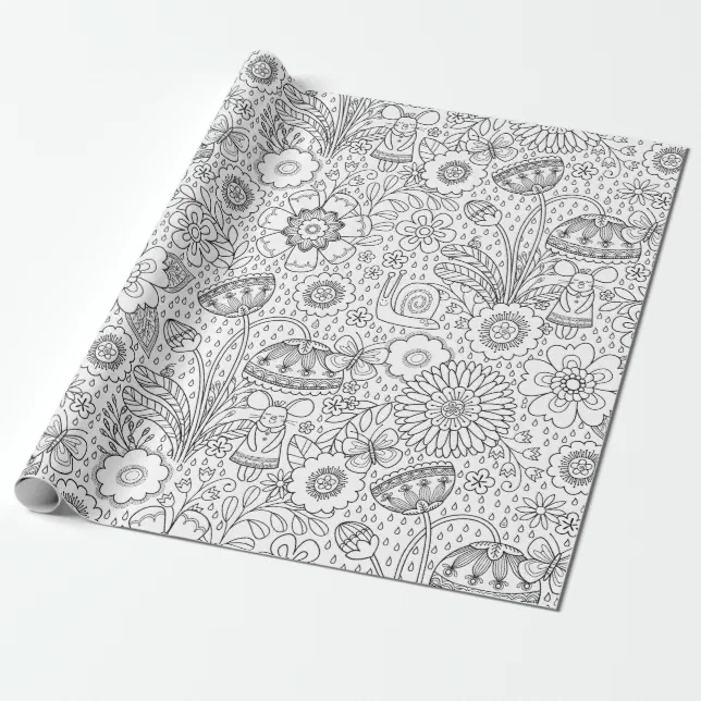 Floral Coloring Book Black White Wrapping Paper | Zazzle