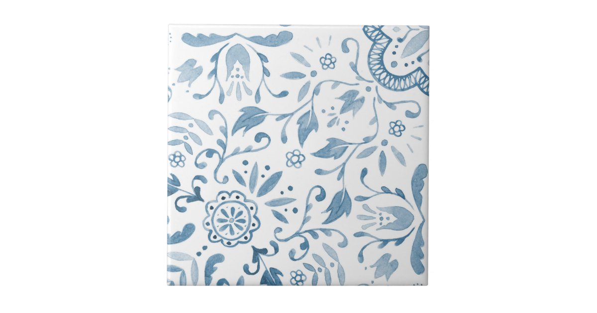 Floral Cottage Vintage Blue Pattern Tile | Zazzle