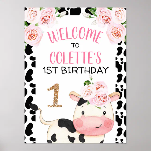 Floral Cow Cow Print Birthday Party Welcome Sign | Zazzle